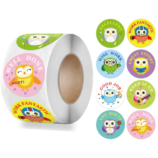 Owls Merit Stickers 500 on a roll - Colourful Teacher Merit Stickers