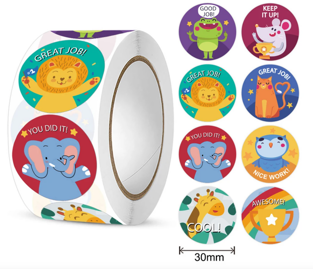 NEW!! Great Job Cute Animals Stickers 3cm x 300 on a roll - Colou...