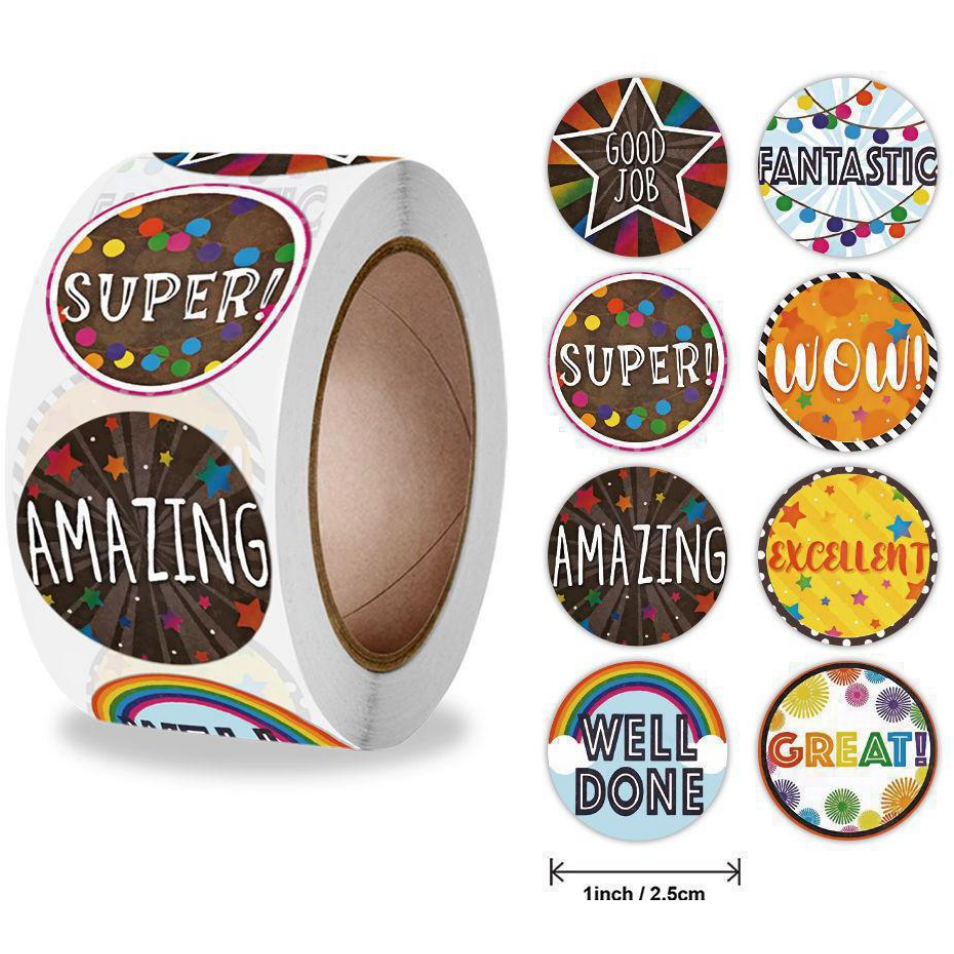 Well Done Award Stickers 500 on a roll - Colourful Teacher Merit S...