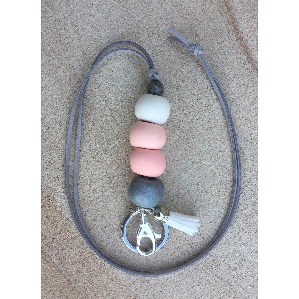 Blush, Marble and Grey Marble Polymer Clay Lanyard - with Tassel a...